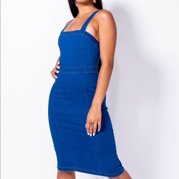 Dresses | Bright Blue Stretch Denim Bodycon Midi Dress | Poshmark